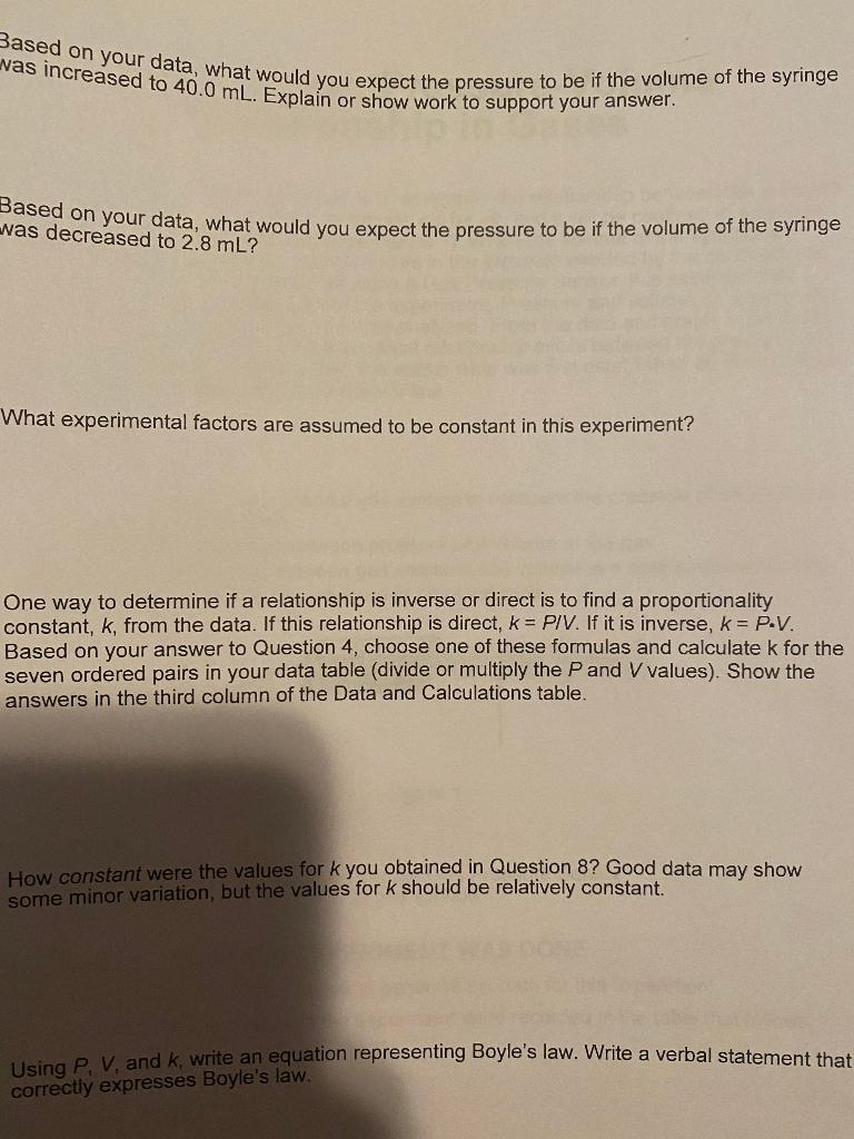 Solved Data & Calculations: Volume mL : Pressure kPa : | Chegg.com