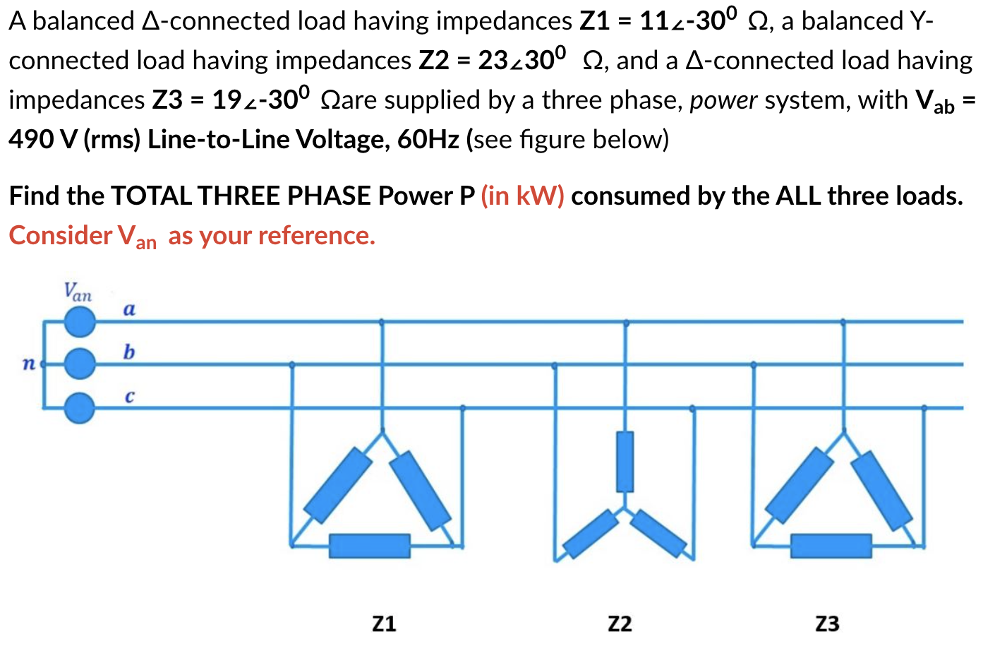 Solved A balanced Δ-connected load having impedances | Chegg.com