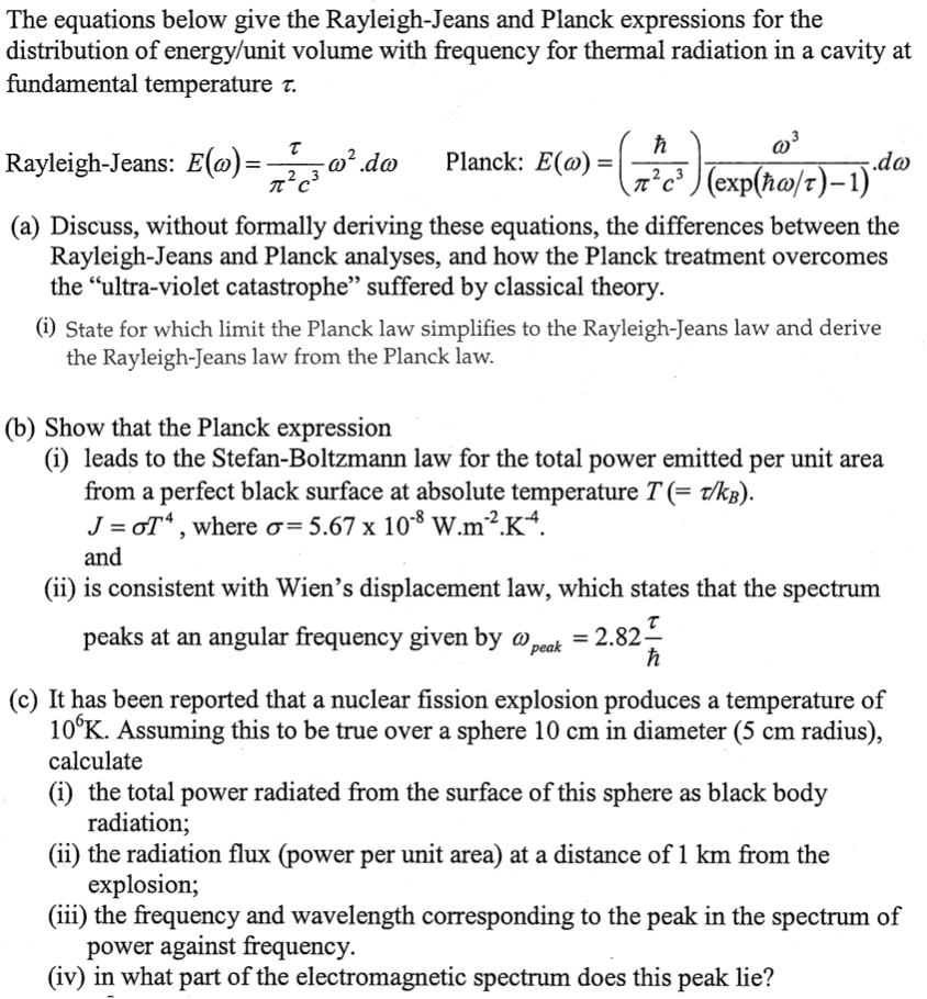 Solved The equations below give the Rayleigh-Jeans and | Chegg.com