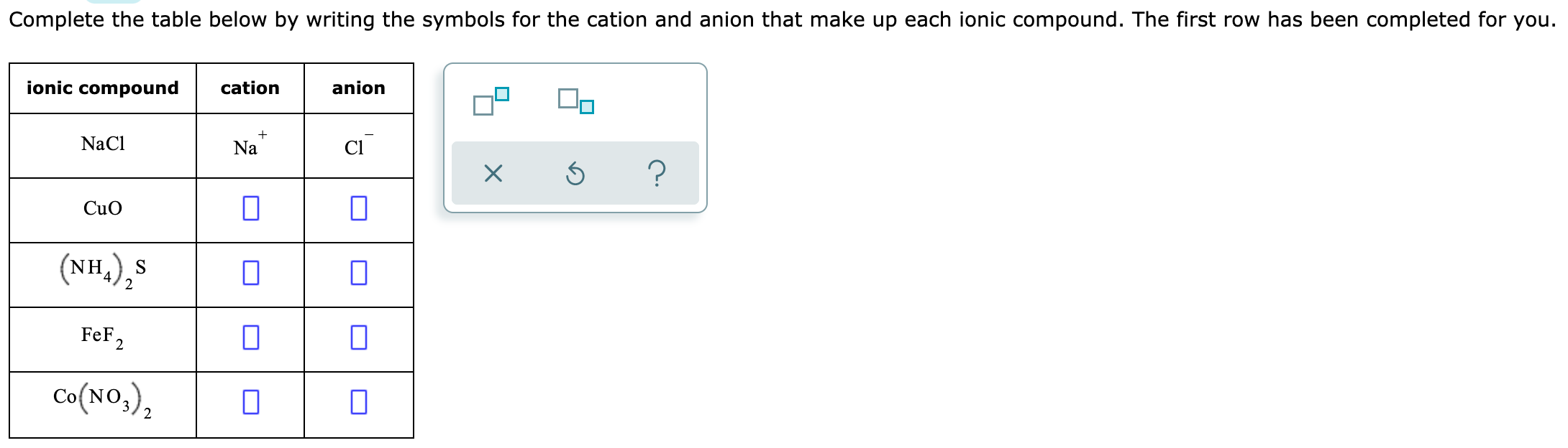 Solved Complete the table below by writing the symbols for | Chegg.com