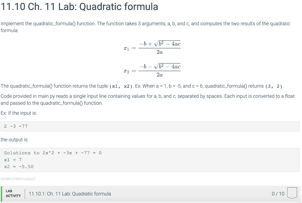 Solved 11.10 Ch. 11 Lab: Quadratic formula Implement the | Chegg.com