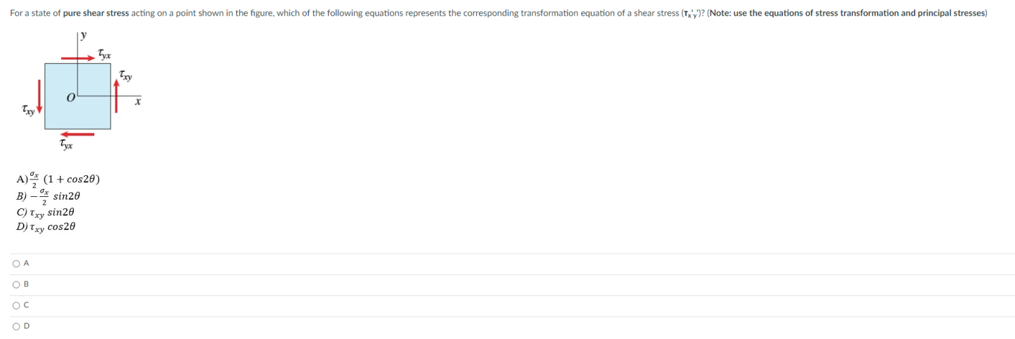 Solved For a state of pure shear stress acting on a point | Chegg.com
