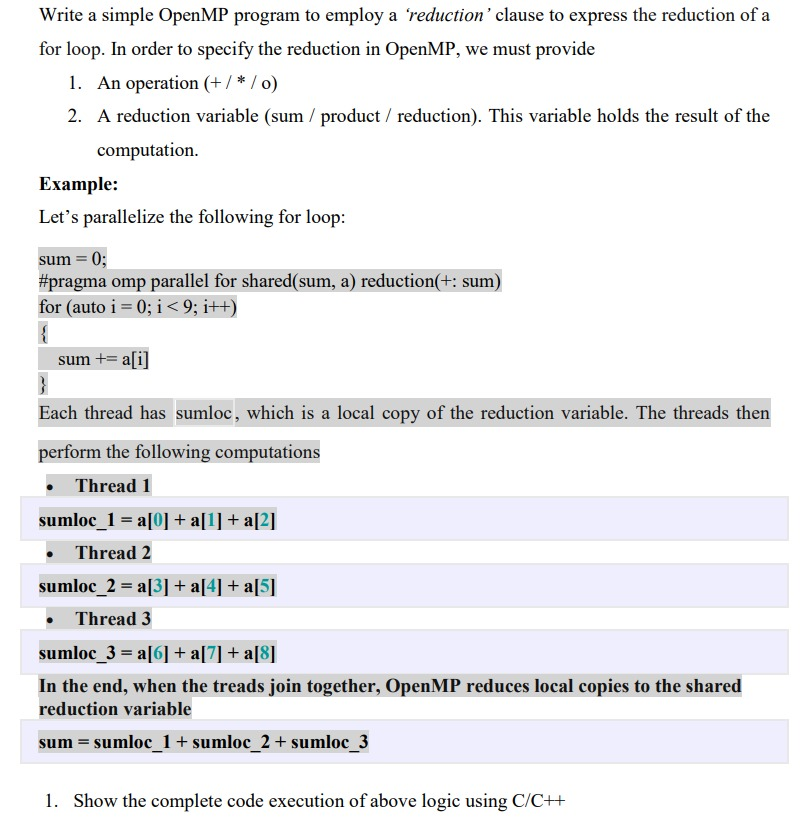 Write a simple OpenMP program to employ a ‘reduction' | Chegg.com