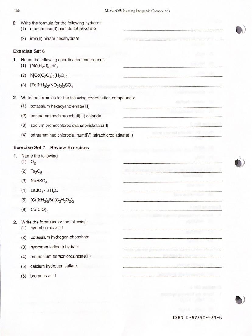 Solved 160 MISC 459: Naming Inorganic Compounds 2. Write the | Chegg.com