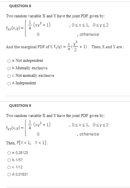 Solved QUESTION 8 Two random variable X and Y have the joint | Chegg.com