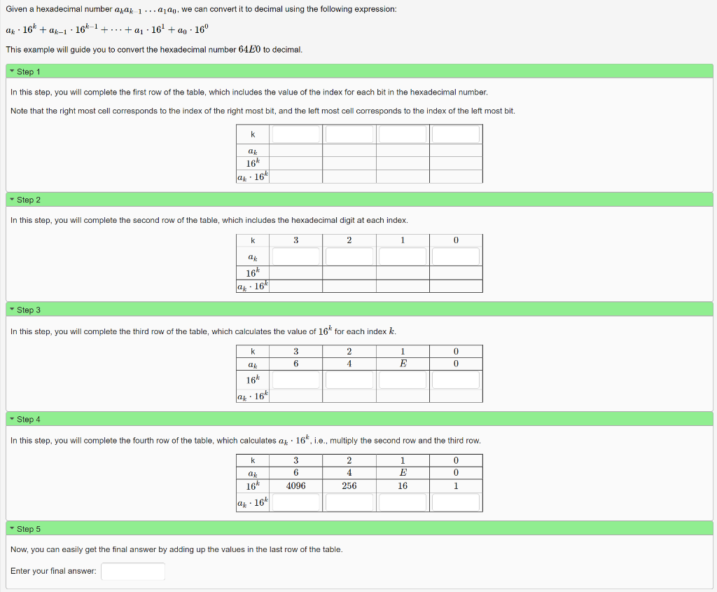 Solved ak⋅16k+ak−1⋅16k−1+⋯+a1⋅161+a0⋅160 This example will | Chegg.com