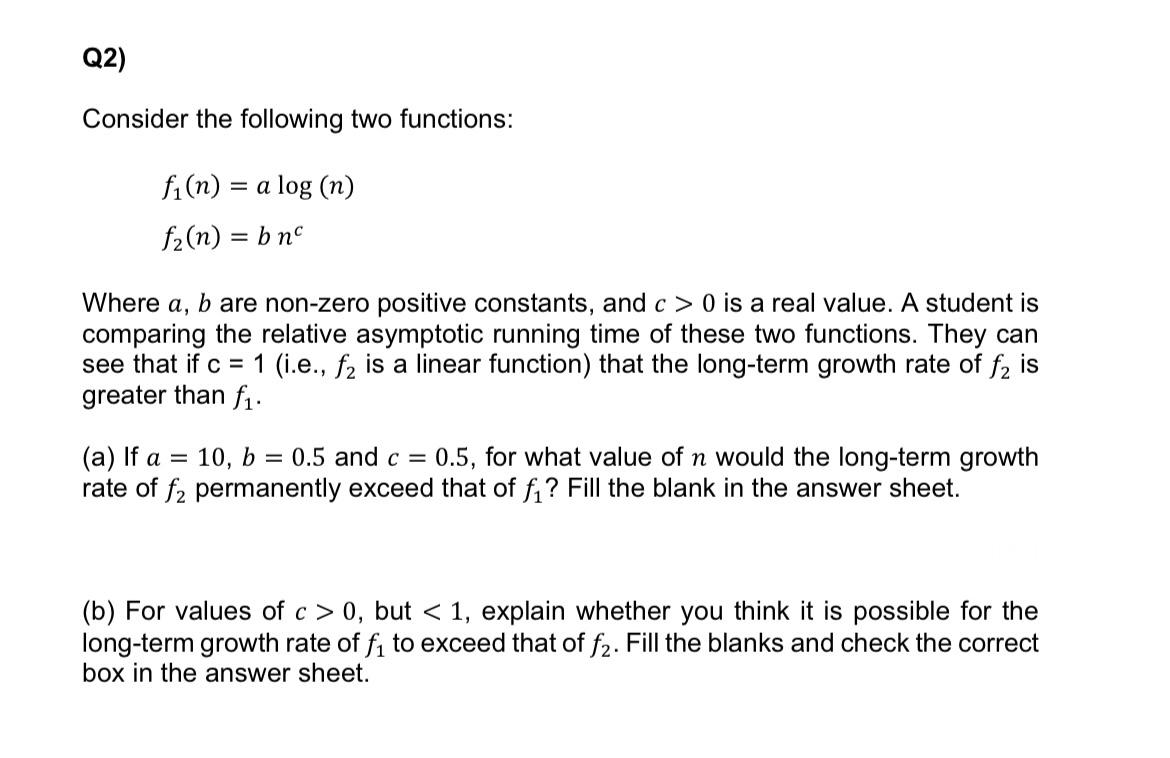 Solved Q2) Consider the following two functions: fi(n) = a | Chegg.com