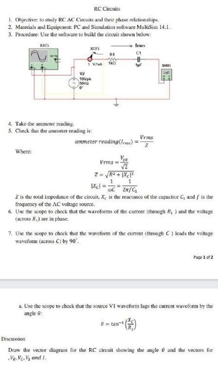 Solved RC Circuits 1. Objective: to study RC AC Circuits and | Chegg.com