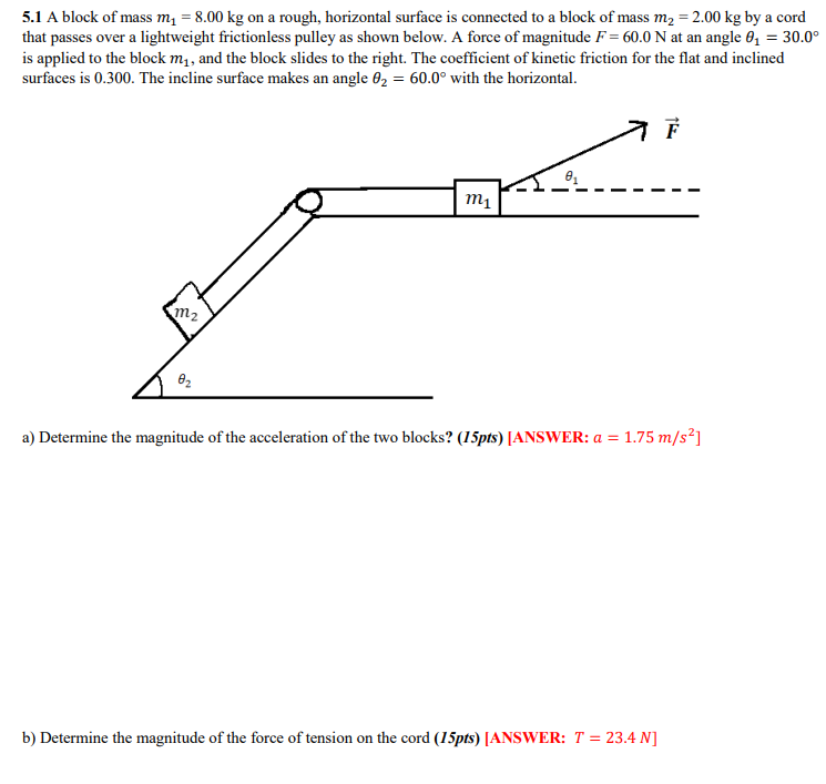 Solved 5.1 A block of mass m₁ = 8.00 kg on a rough, | Chegg.com