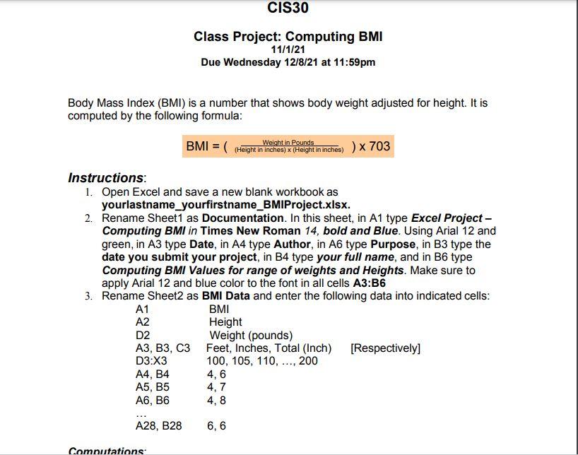 Solved CIS30 Class Project: Computing BMI 11/1/21 Due | Chegg.com