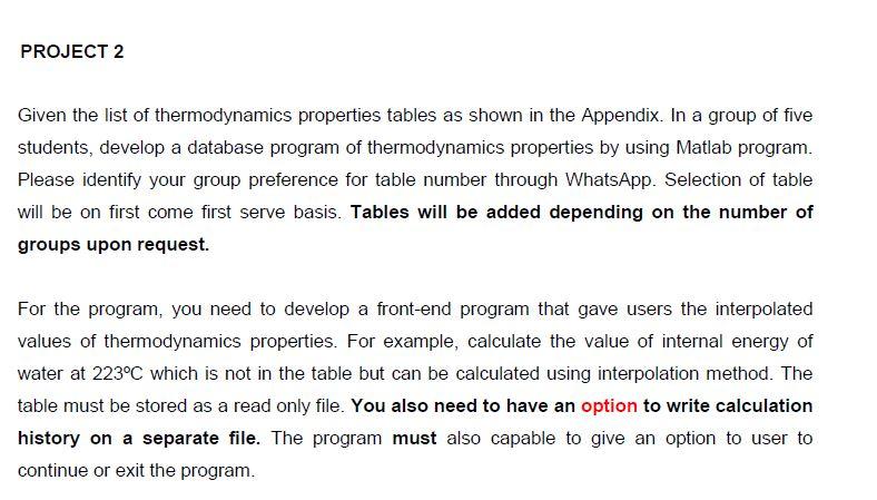 PROJECT 2 Given the list of thermodynamics properties | Chegg.com