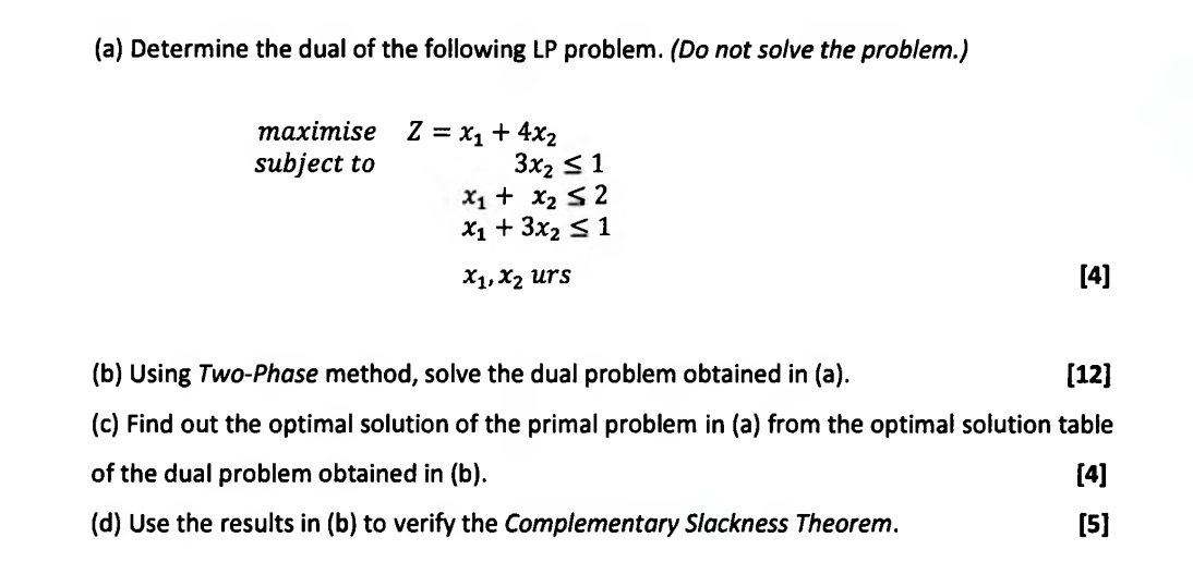 (a) Determine the dual of the following LP problem. | Chegg.com