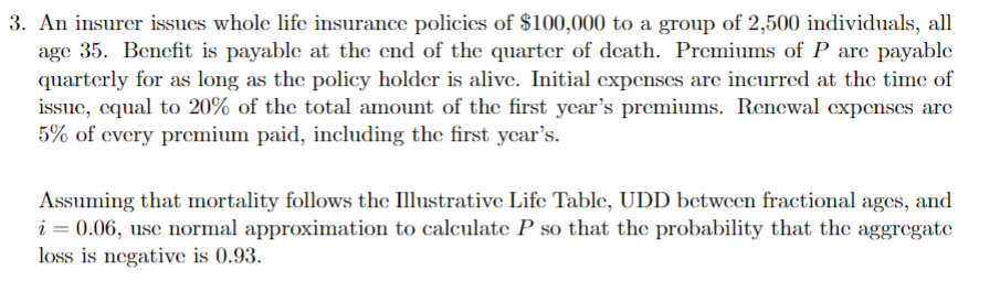 Solved An insurer issues whole life insurance policies of | Chegg.com