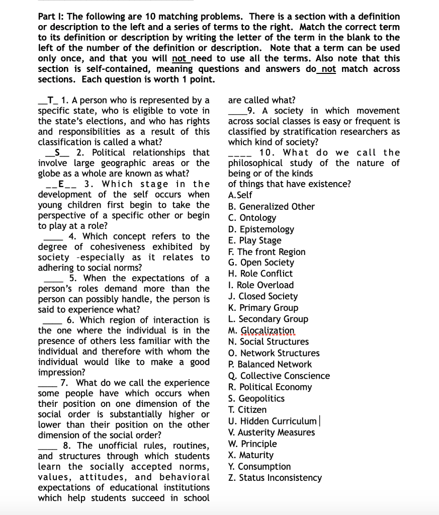 Solved Part : The following are 10 matching problems. There | Chegg.com