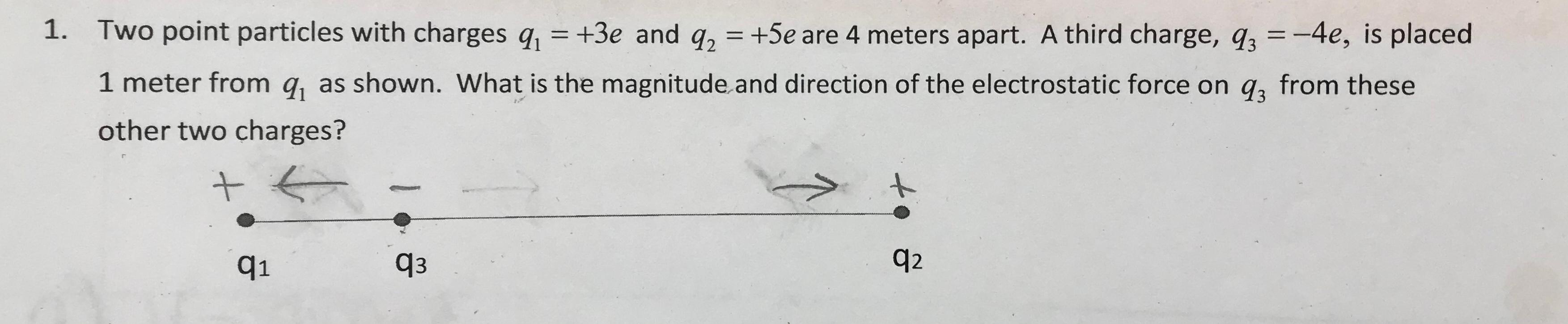 Solved 1. Two point particles with charges qı = +3e and q2 = | Chegg.com