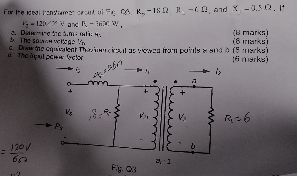 Solved For the ideal transformer circuit of Fig. Q3, Rp 18 | Chegg.com