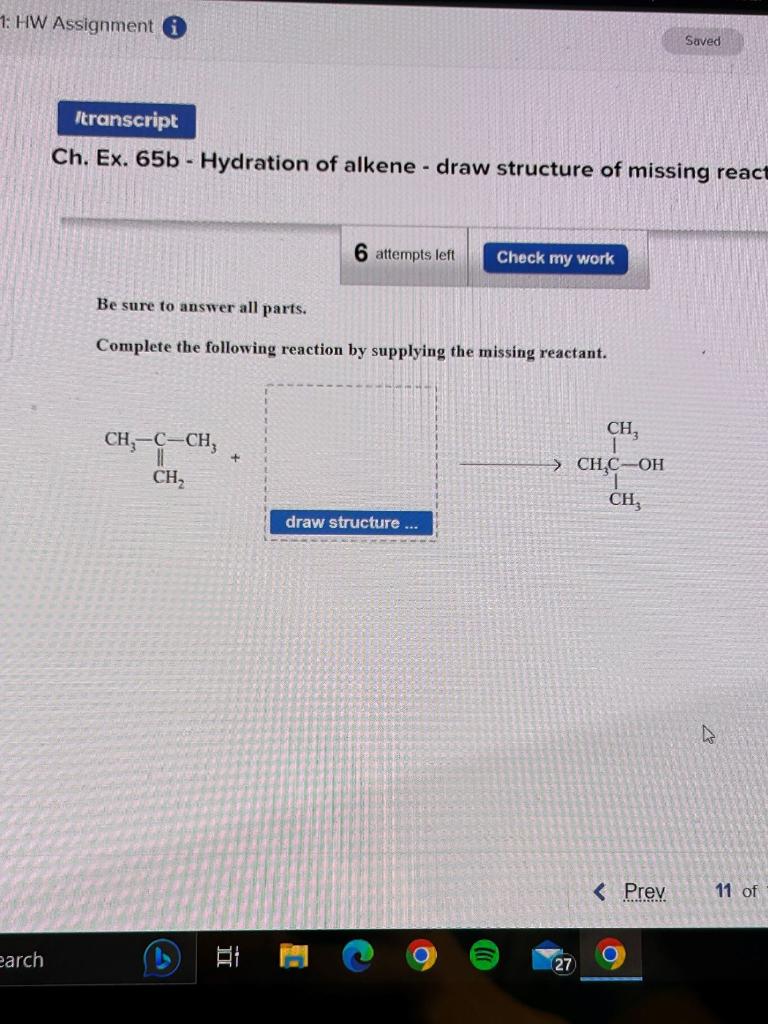 Solved Ch. Ex. 65b - Hydration of alkene - draw structure of | Chegg.com