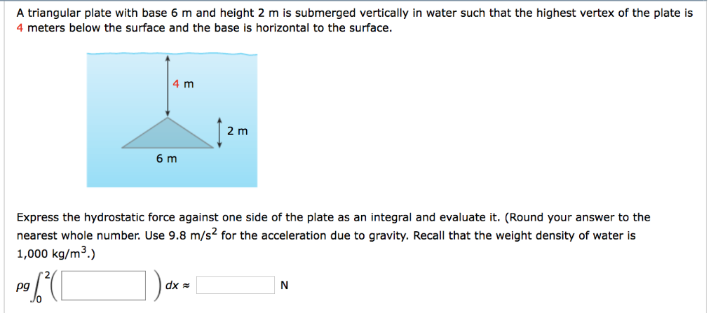 Solved A triangular plate with base 6 m and height 2 m is | Chegg.com