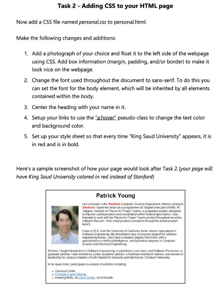 Solved Task 1 - Creating Your Own Personal Webpage Your | Chegg.com