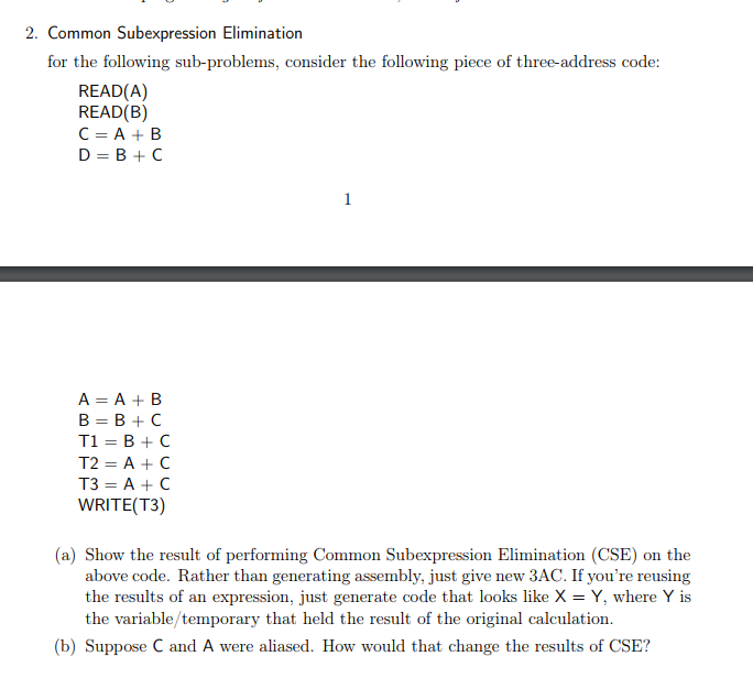 2. Common Subexpression Elimination for the following | Chegg.com