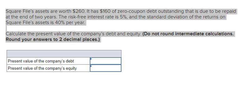 Solved Square File's assets are worth $260. It has $160 of | Chegg.com