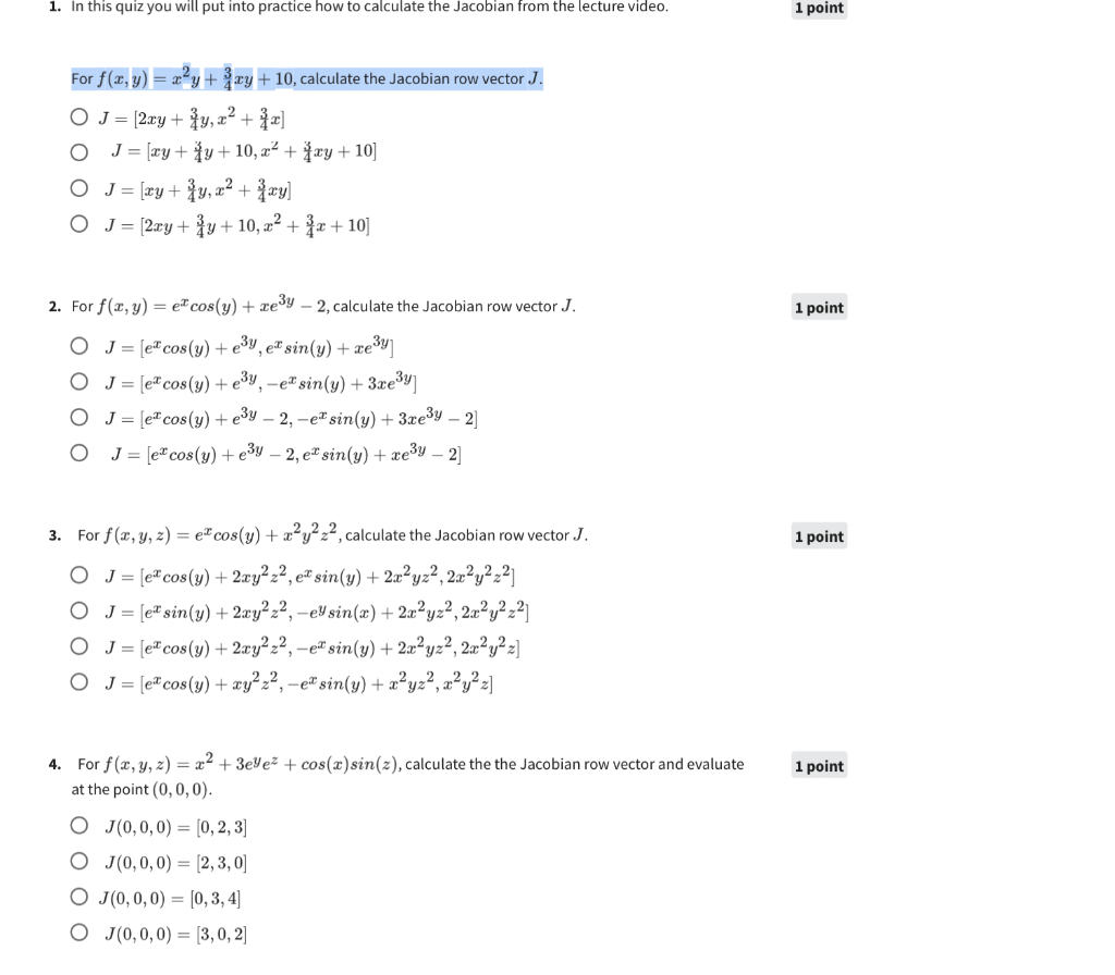 Solved For f(x,y)=x2y+43xy+10, calculate the Jacobian row | Chegg.com