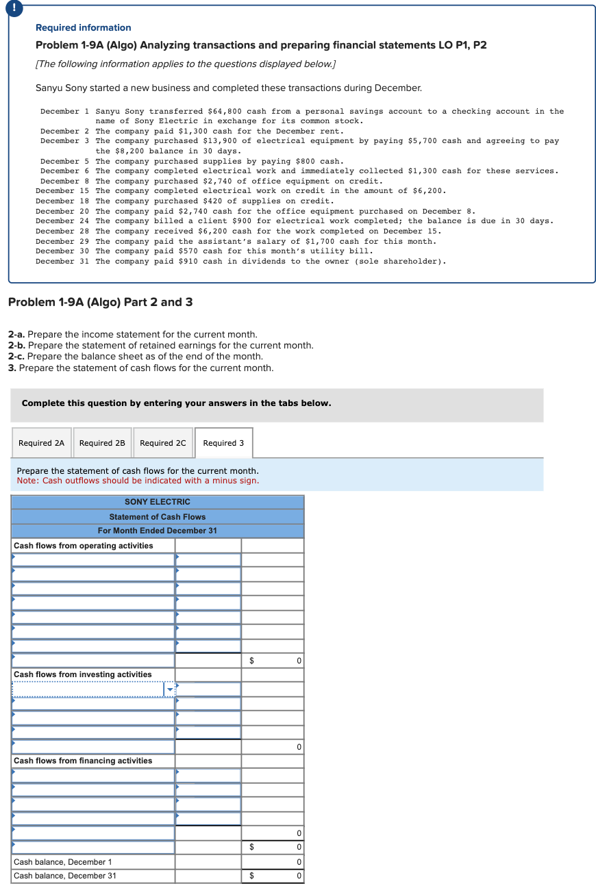 Required information Problem 1-9A (Algo) Analyzing | Chegg.com