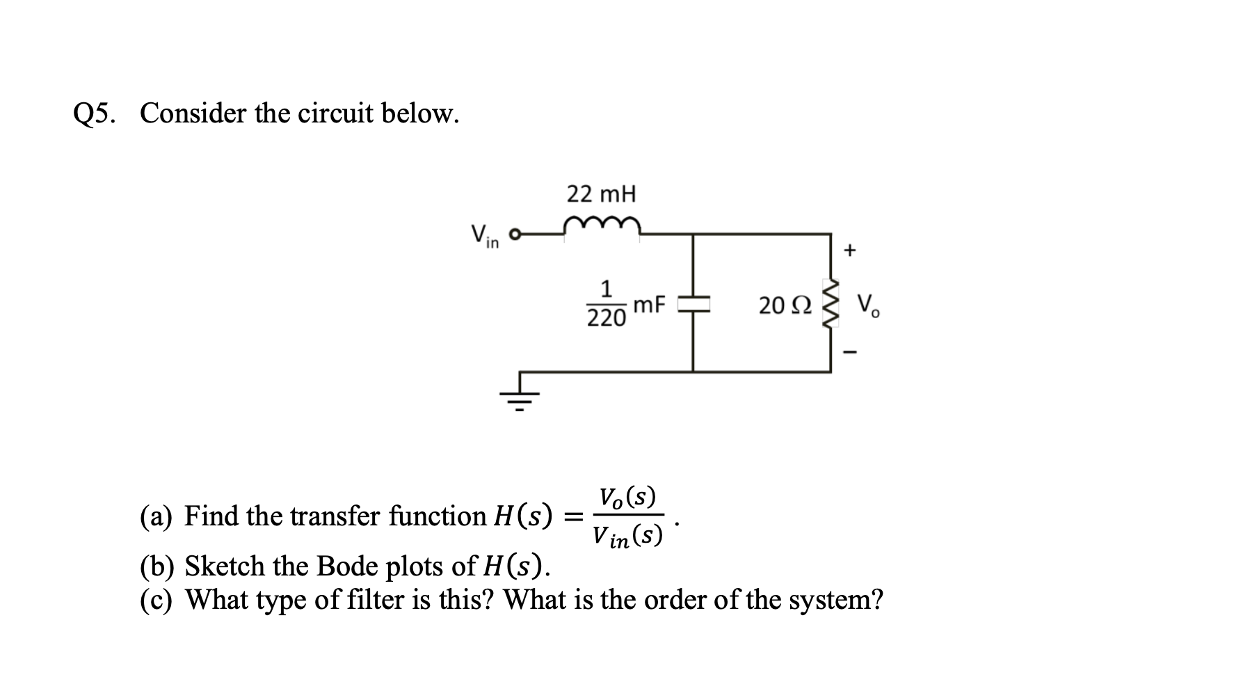 Solved Q5. Consider the circuit below. (a) Find the transfer | Chegg.com