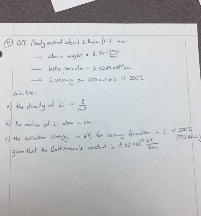 Solved BCC (body centered cubic) Lithium (L:) atomic weight | Chegg.com