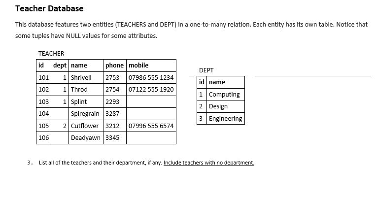 Solved Teacher Database This database features two entities | Chegg.com