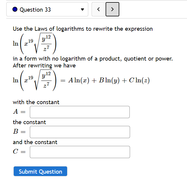 Solved Question 33 > Use the Laws of logarithms to rewrite | Chegg.com