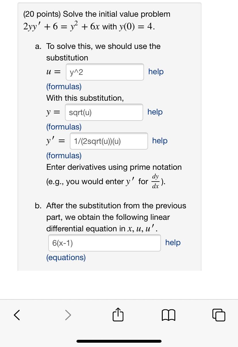 Solved (20 points) Solve the initial value problem 2yy' + 6 | Chegg.com Solved (20 points) Solve the initial value problem 2yy' + 6 | Chegg.com