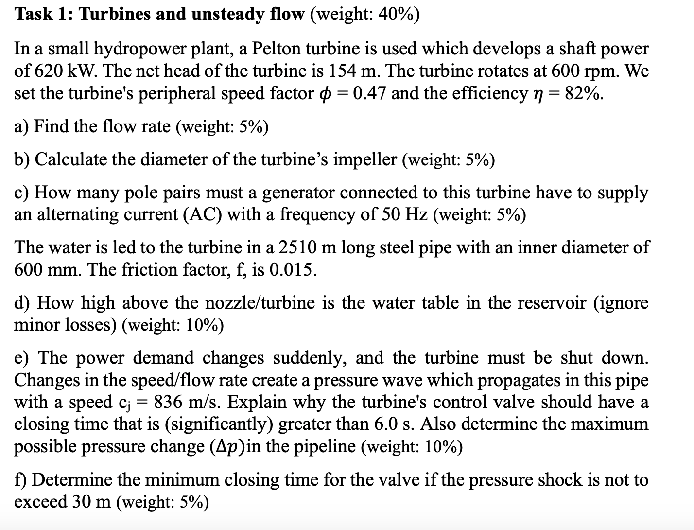 Solved Task 1: Turbines and unsteady flow (weight: 40% ) In | Chegg.com