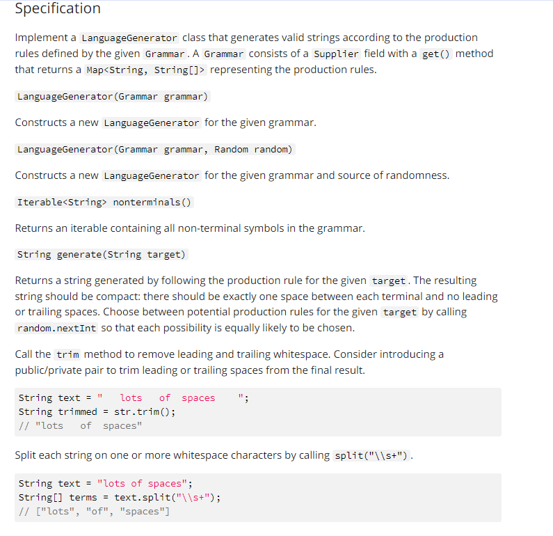 Specification Implement a Language Generator class | Chegg.com