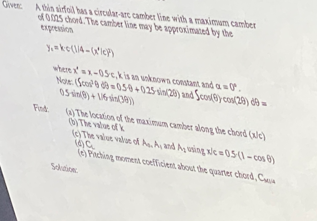 Given: Athin airfoil has a circular-arc camber line | Chegg.com