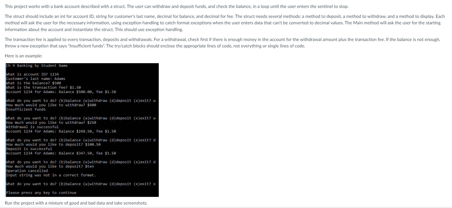 This project works with a bank account described with | Chegg.com
