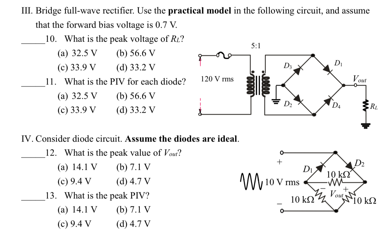 Solved III. Bridge full-wave rectifier. Use the practical | Chegg.com