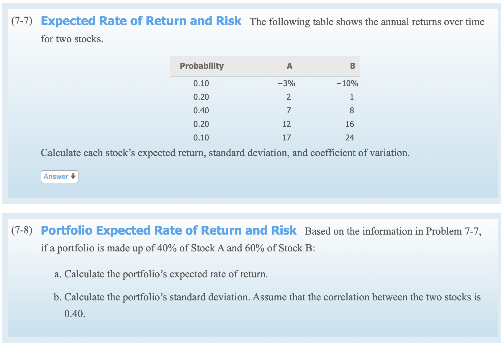 Solved (7-7) ﻿Expected Rate of Return and Risk The following | Chegg.com
