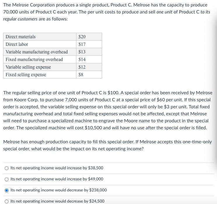 Solved The Melrose Corporation produces a single product, | Chegg.com