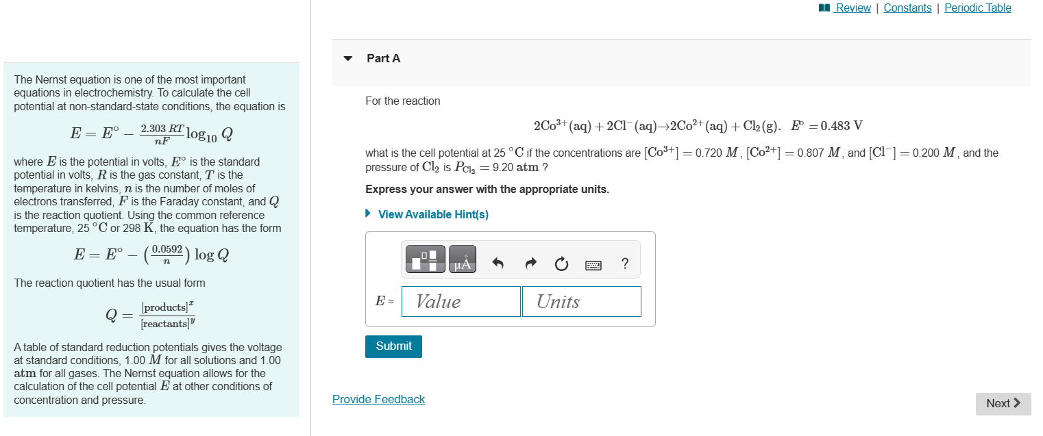 Solved The Nernst equation is one of the most important | Chegg.com