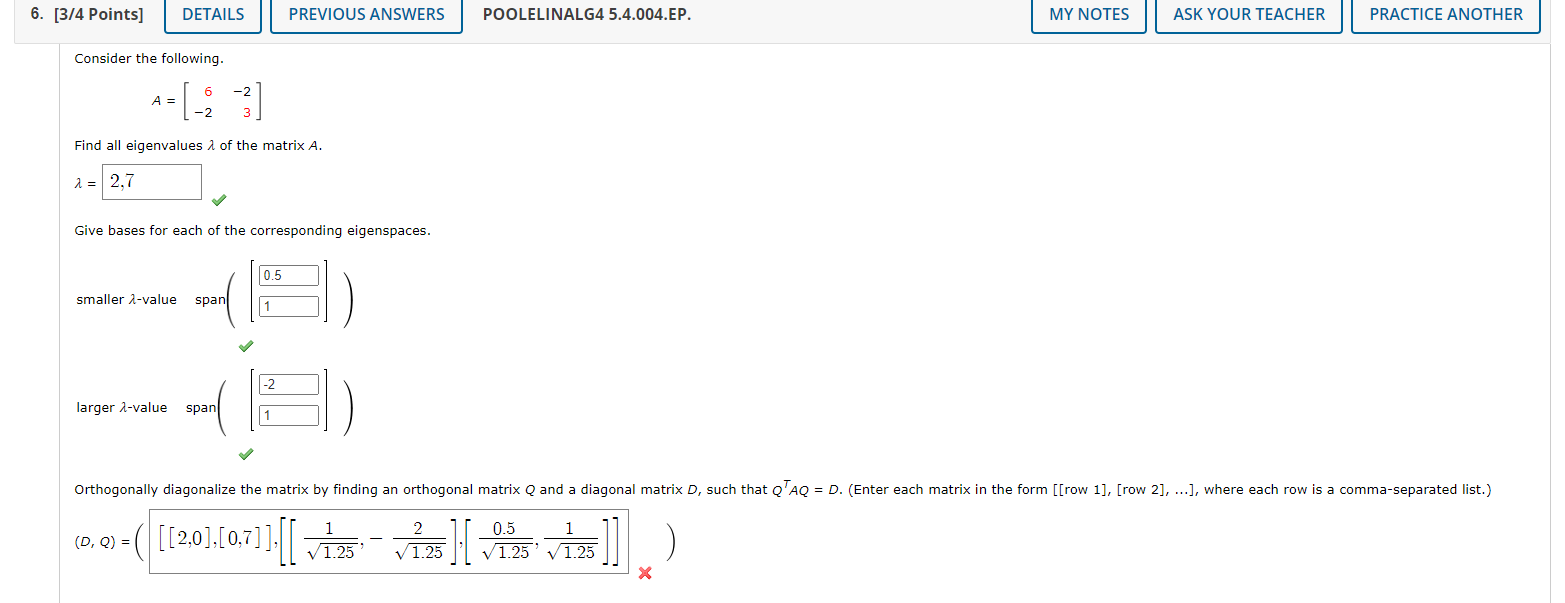 Solved 6. [3/4 Points] DETAILS PREVIOUS ANSWERS POOLELINALG4 | Chegg.com