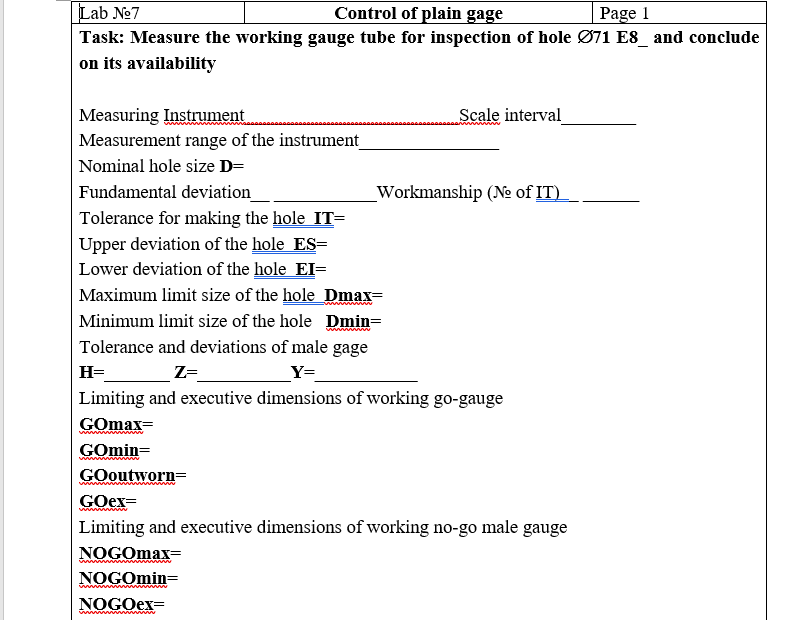 Lab No7 Control of plain gage Page 1 - Task: Measure | Chegg.com