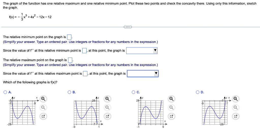 Solved f(x)=−31x3+4x2−12x−12 The relative minimum point on | Chegg.com