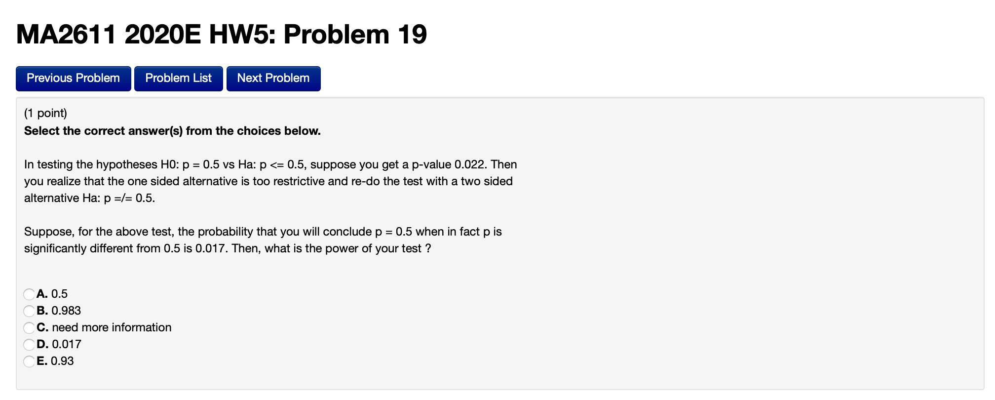 Solved MA2611 2020E HW5: Problem 19 Previous Problem Problem | Chegg.com