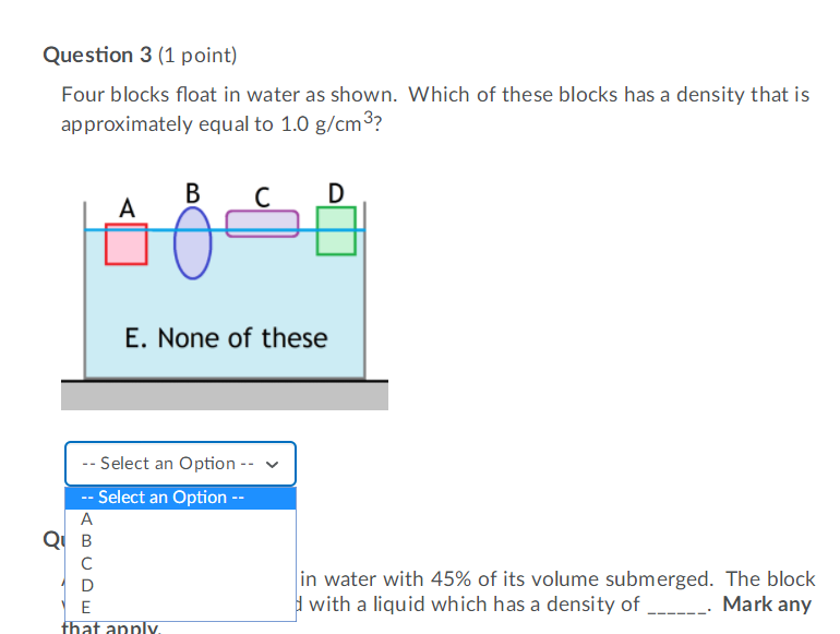 Solved Question 3 (1 point) Four blocks float in water as | Chegg.com