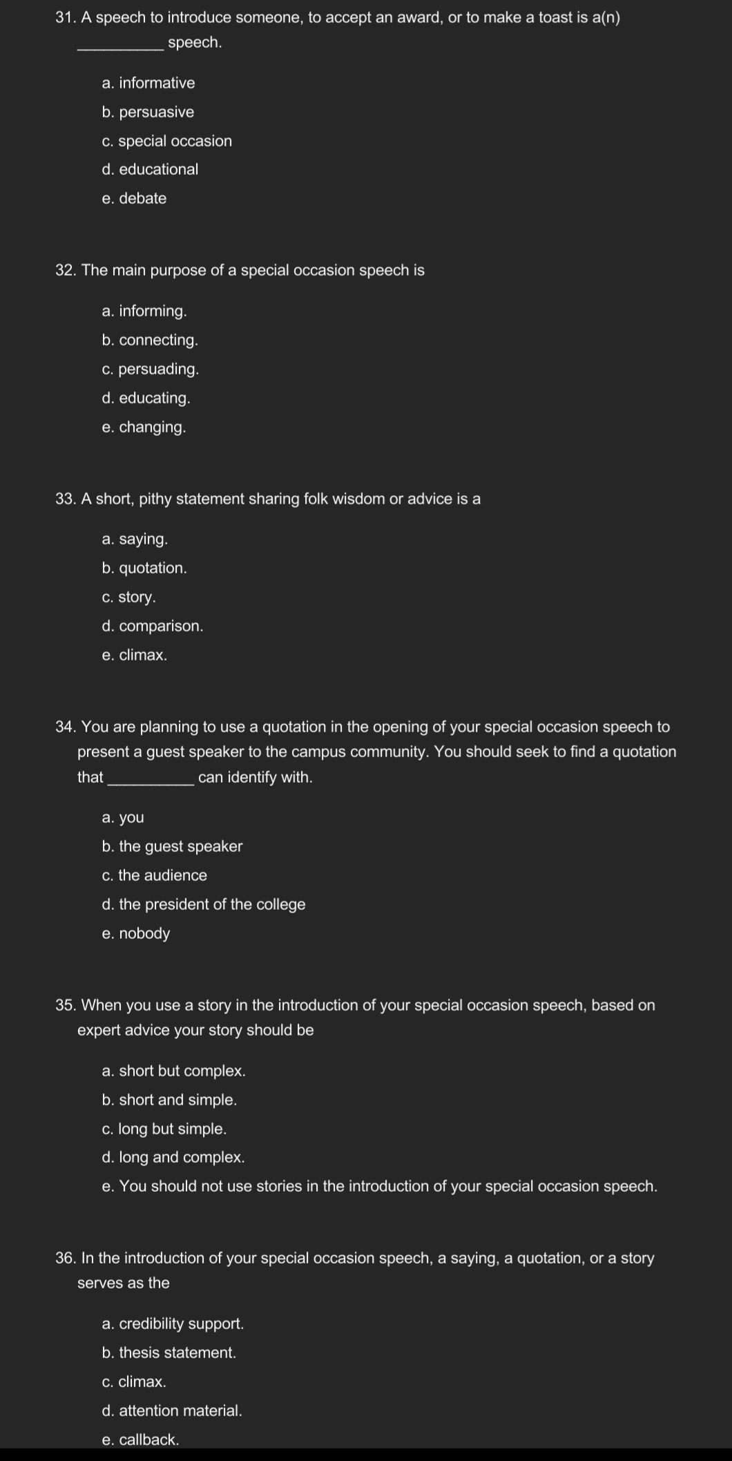 Solved 31. A speech to introduce someone, to accept an | Chegg.com