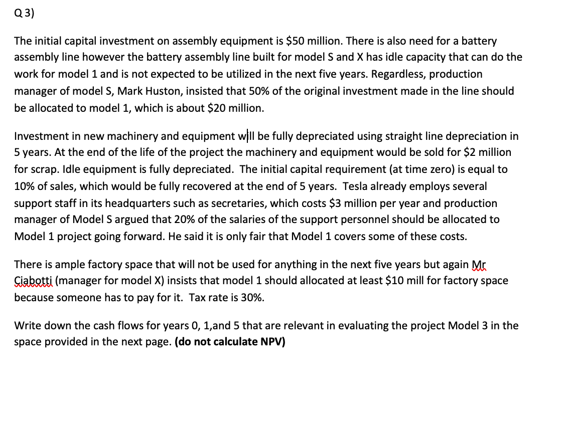 Q3) The initial capital investment on assembly | Chegg.com