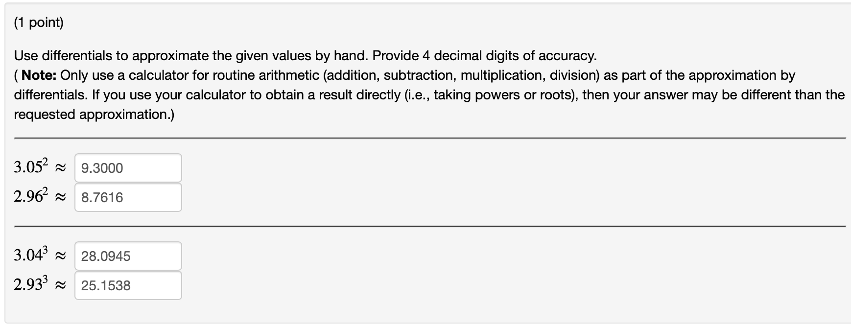 Solved (1 point) Use differentials to approximate the given | Chegg.com