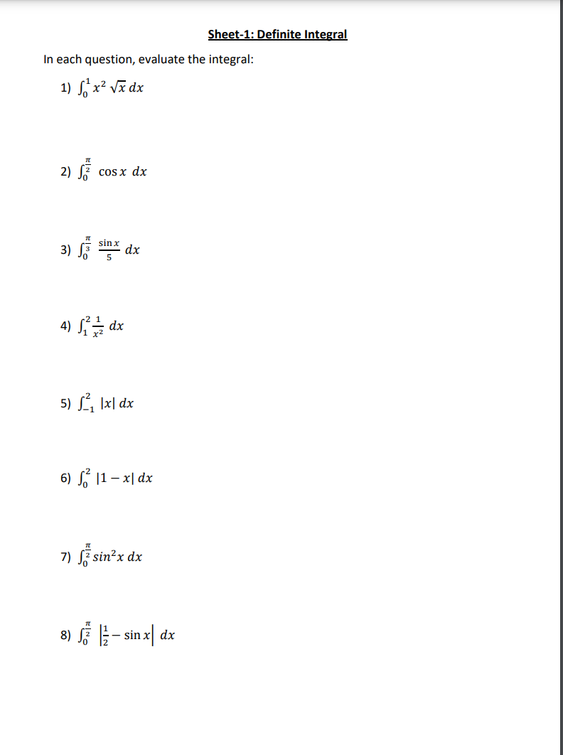 Solved Sheet-1: Definite Integral In each question, evaluate | Chegg.com