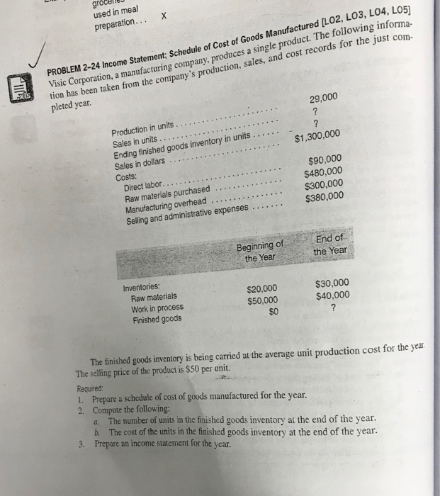 Solved grocel used in meal preparation. PROBLEM 2-24 Income | Chegg.com